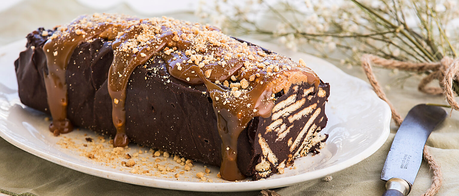 Κορμός σοκολάτας με καραμέλα & φιστικοβούτυρο (Μωσαϊκό) - madameginger.com